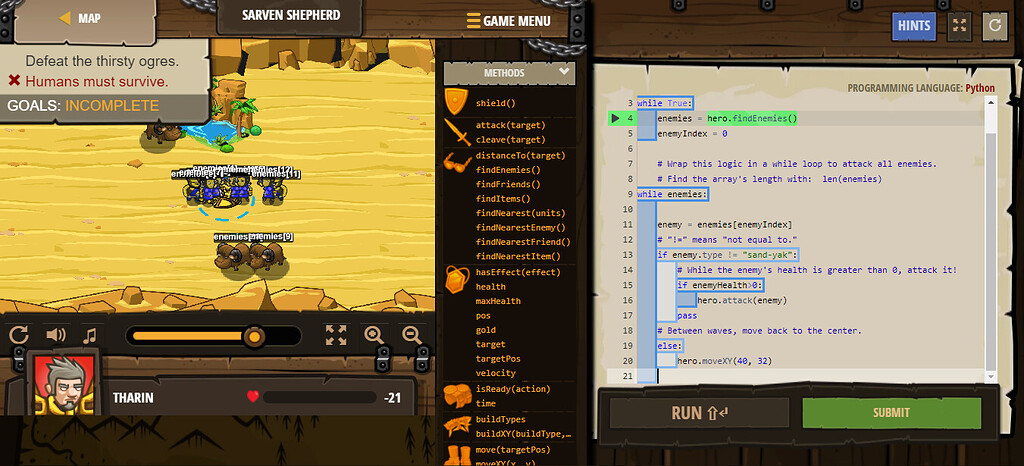 What is wrong with my code in Sarven Shepard[SOLVED] - Level Help