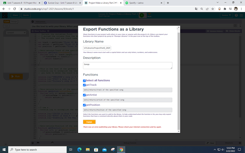 Unit 7 Lesson 9 "Share a Library" Error - Coding and Debugging Help - Code.org Professional ...