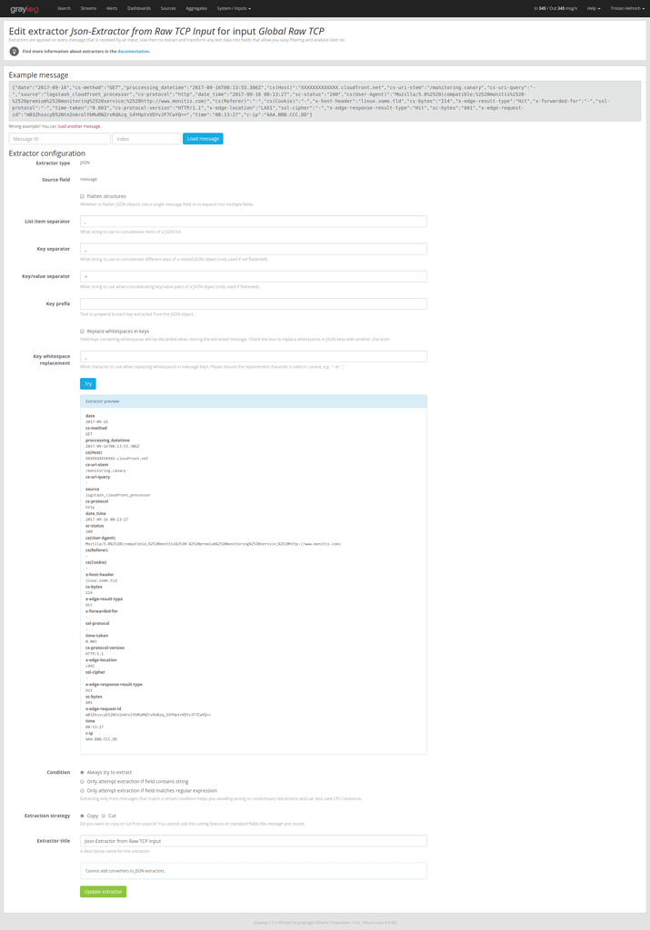 Fields shown in JSON extractor preview missing in processed messages - Graylog Central (peer ...