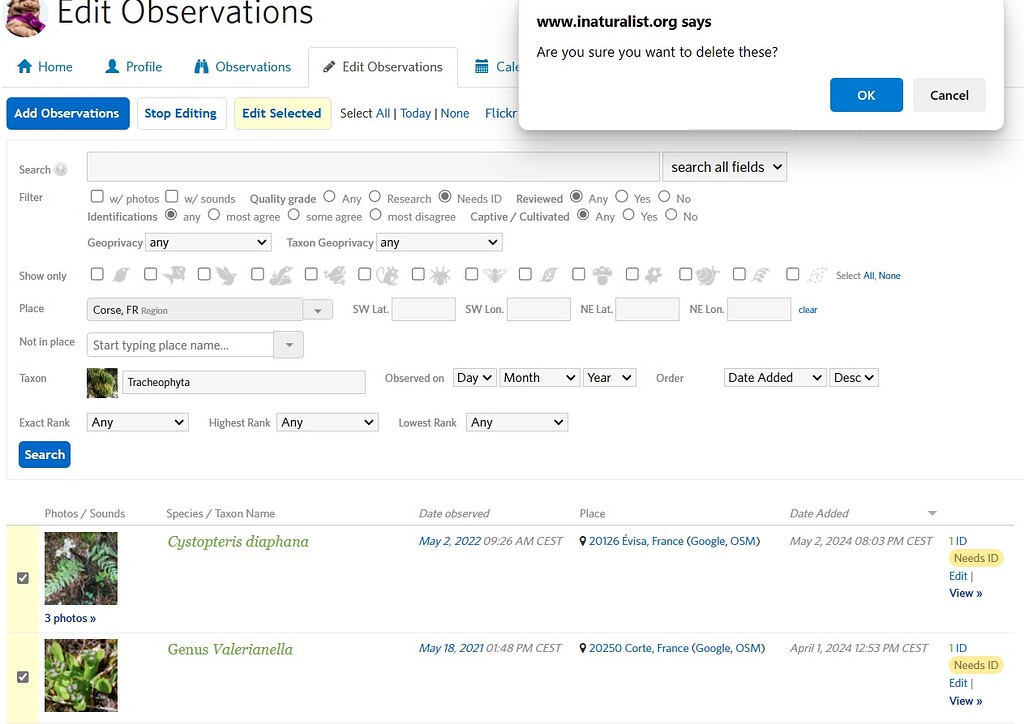 'Edit Observations > Delete Selected' does not work as expected - Bug Reports - iNaturalist ...