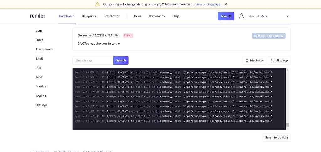 MERN app deployment troubleshooting - Render