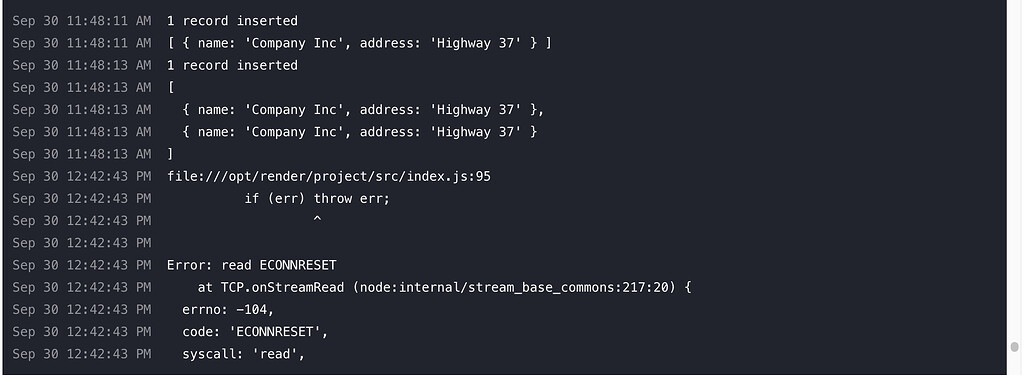 Node.JS App works, but then after a few hours get "Error: read ECONNRESET" - Render