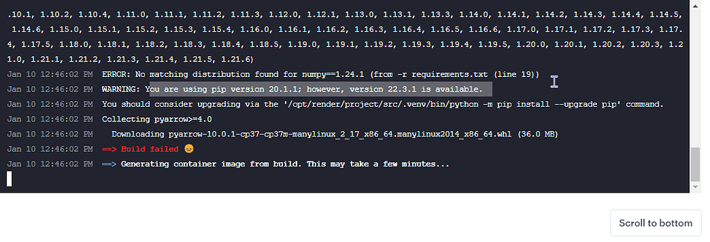 Build Failed After trying to download pyarrow - Render
