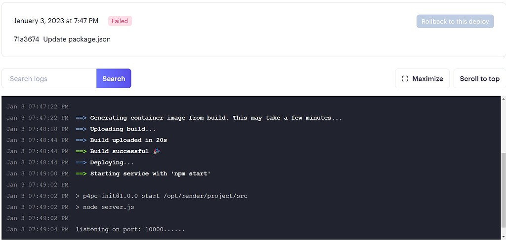 Nodejs Deploy Failed After Listening On Port Indefinitely Render
