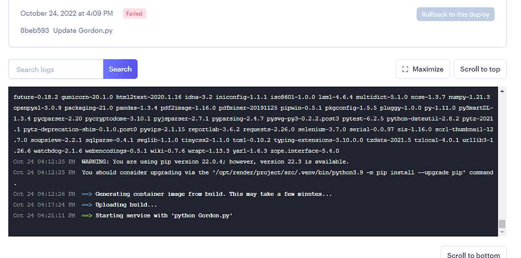 Build Successful But Deploy fails with no error message - Render Build Successful But Deploy fails with no error message - Render