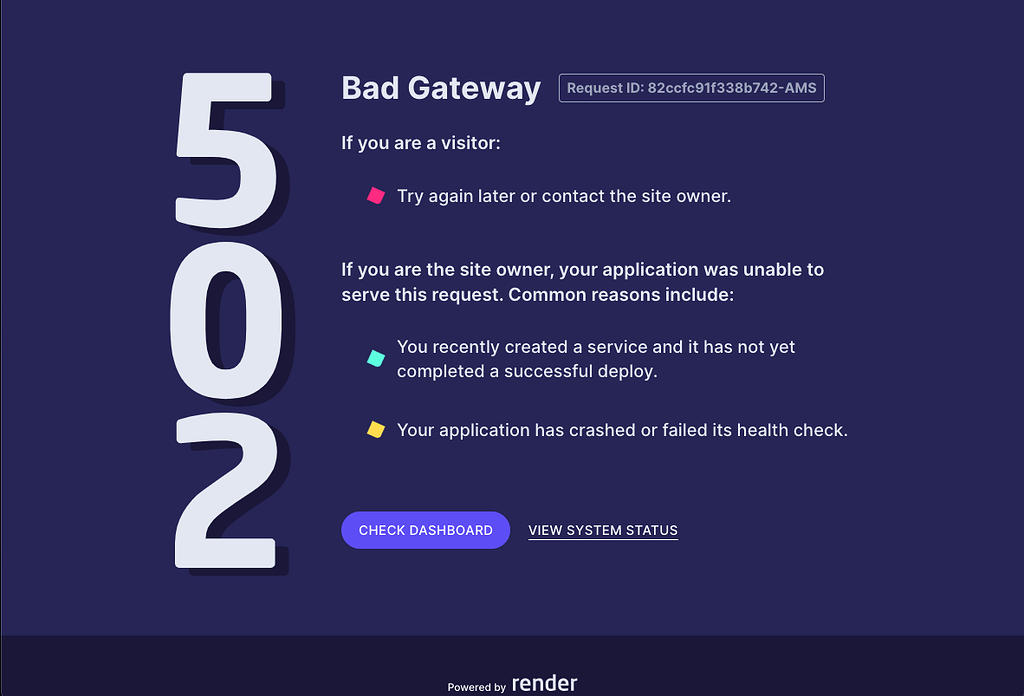 Error 502 after long deployment time - Render Error 502 after long deployment time - Render