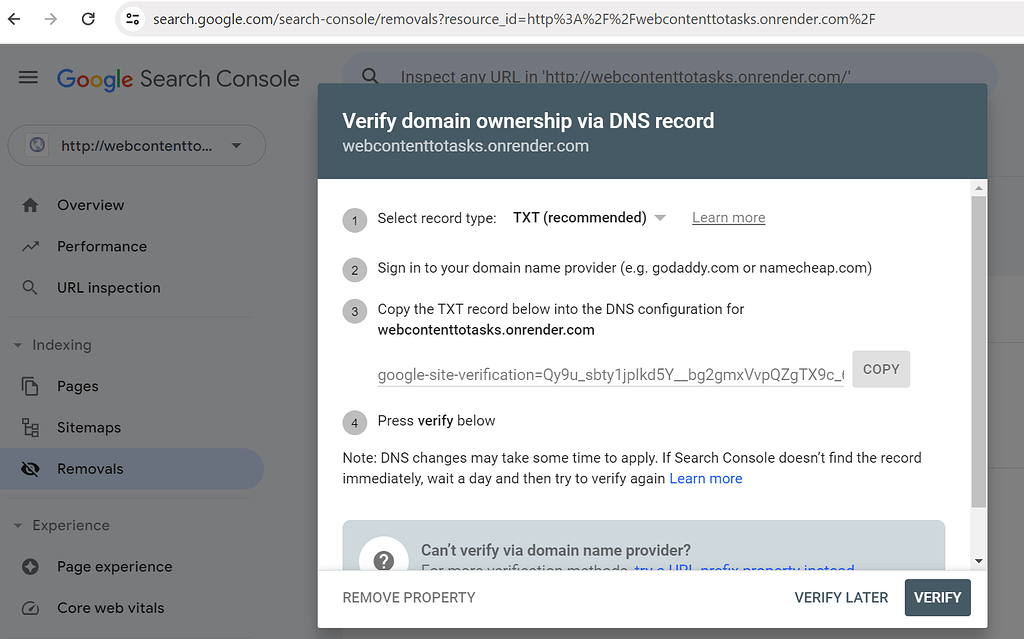 Is it possible to Verify domain ownership via DNS record in the Google Search console - Render