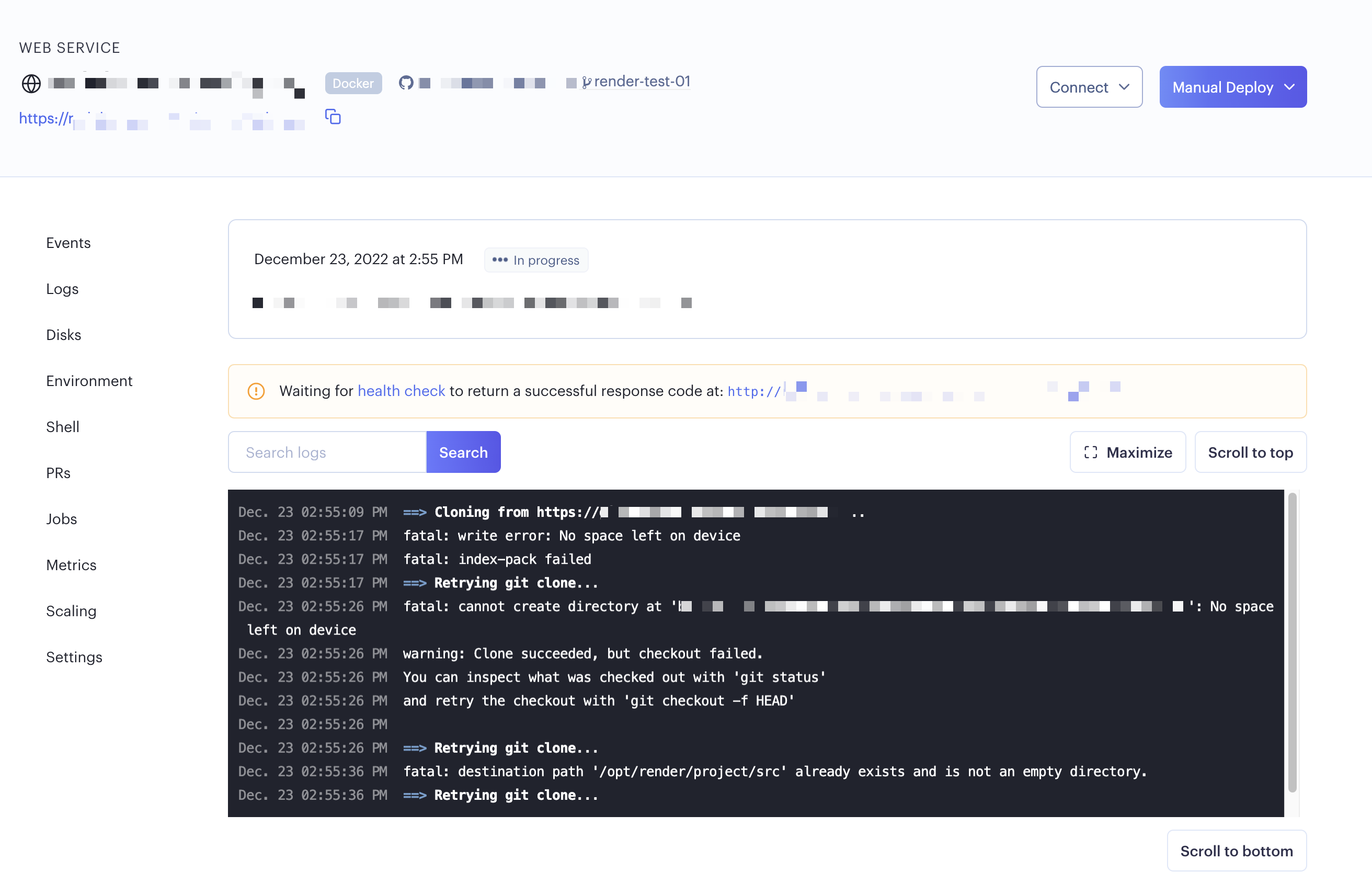 Enospc No Space Left On Device Write Render