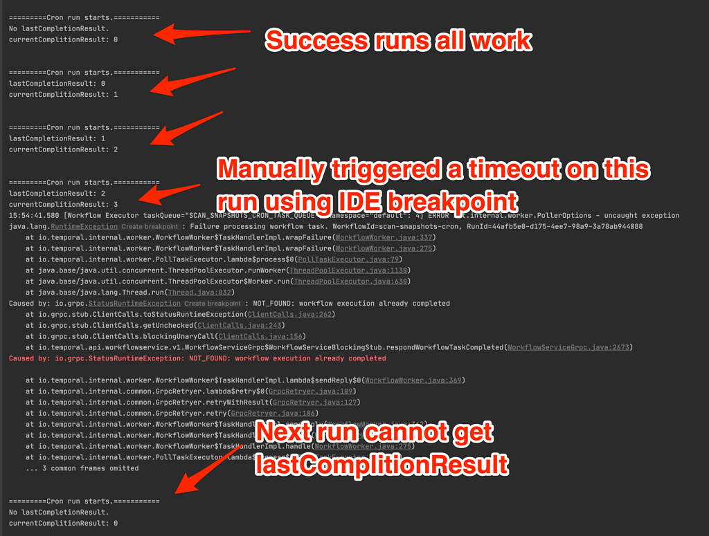 Bug on getLastCompletionResult returns null if previous run timeout or ...