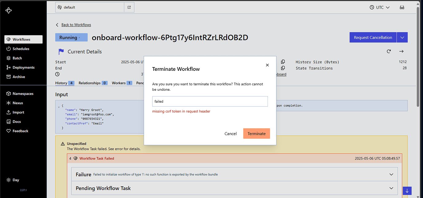 Missing csrf token when terminate workflow on temporal ui - Community ...