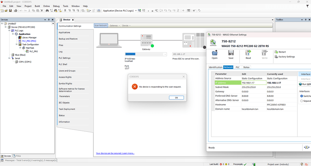 PFC 200, 750-8212 unable to connect via Ethernet to laptop (first time setup) - Hardware and ...