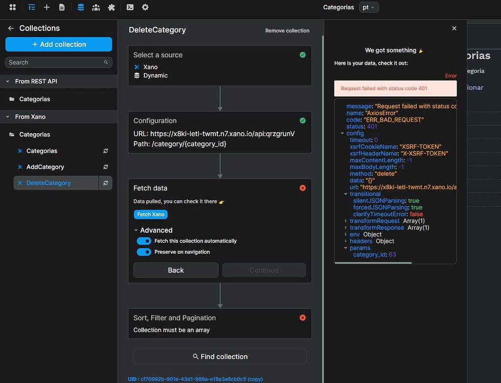Error Status Code 401 in weweb, but performing the delete action in Xano - Ask us anything ...