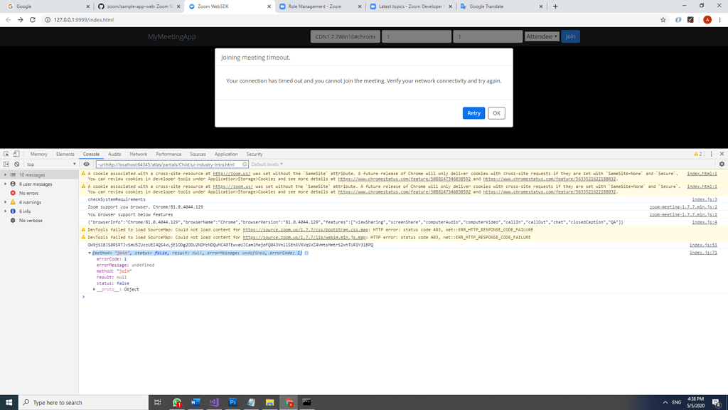 {method: "join", status: false, result: null, errorMessage: undefined ...