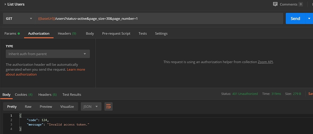 {"code":124,"message":"Invalid access token."} - Postman when calling List users with JWT - Page ...