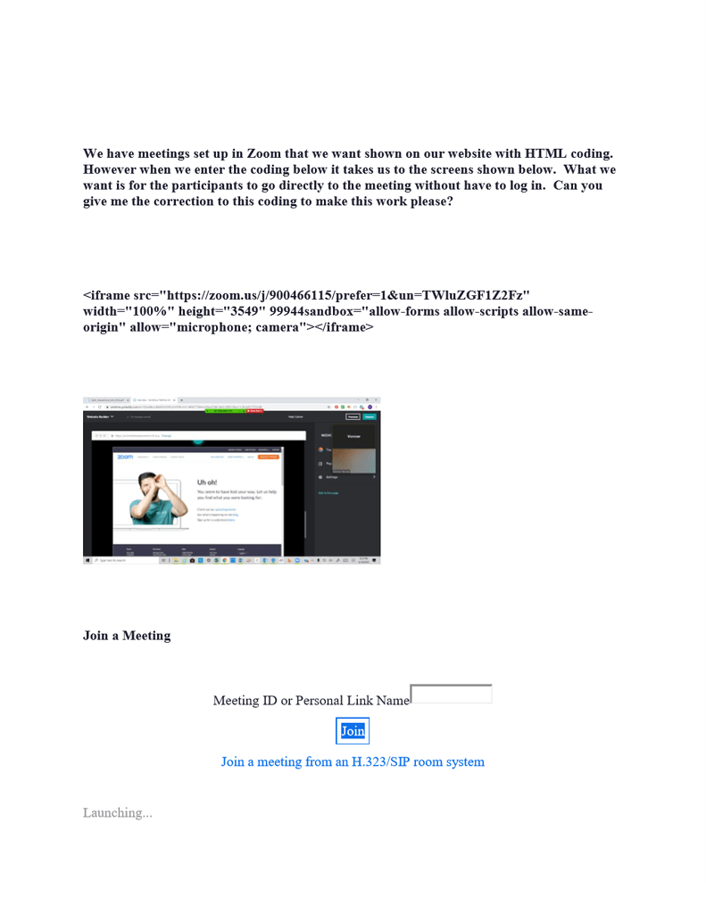 Embed Code on HTMLwebsite page for Zoom streaming directly to - API and ...
