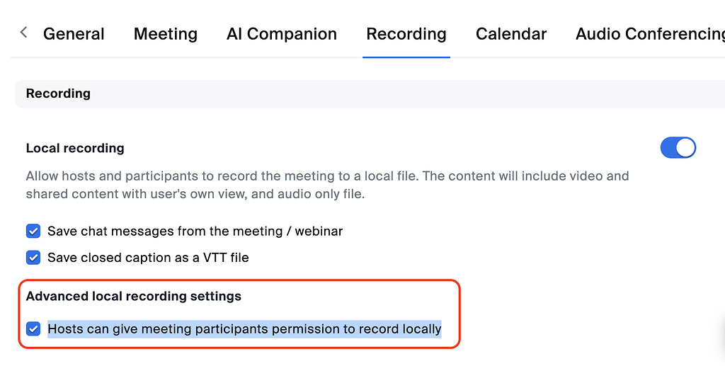 Zoom API to get user setting 'Hosts can give meeting participants permission to record locally ...