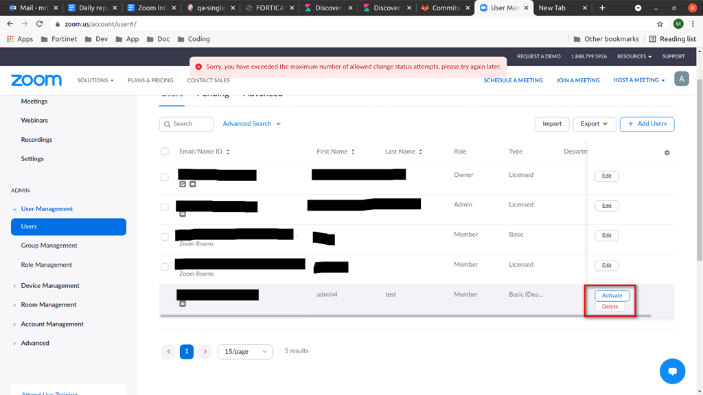 Get error when activate/deactivate a user on Zoom GUI - Web - Zoom Developer Forum
