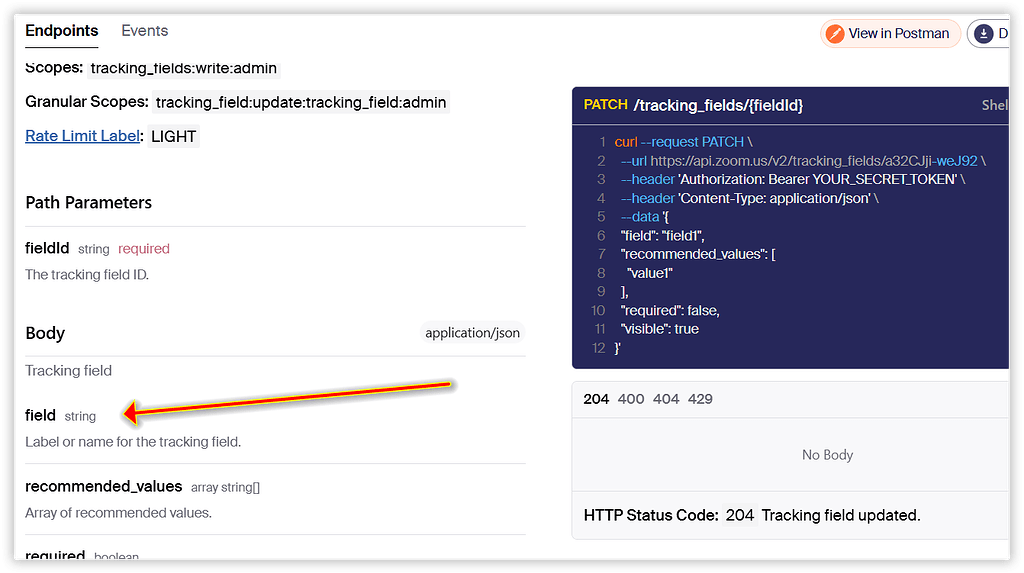 Unable to update an existing Tracking Field - API and Webhooks - Zoom Developer Forum