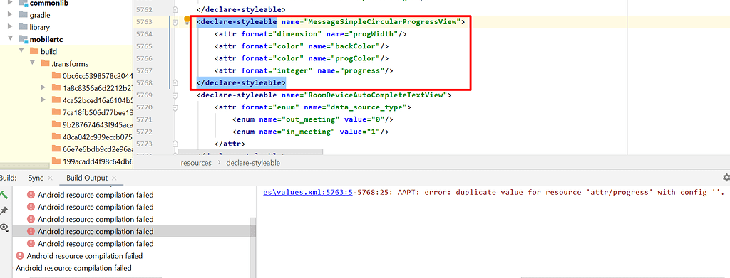 Error: duplicate value for resource 'attr/progress' with config '' - Android - Zoom Developer Forum