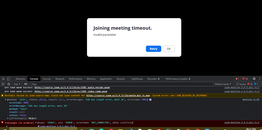 Joining meeting timeout - Invalid parameter (Web SDK 2.4.5) - Web - Zoom Developer Forum