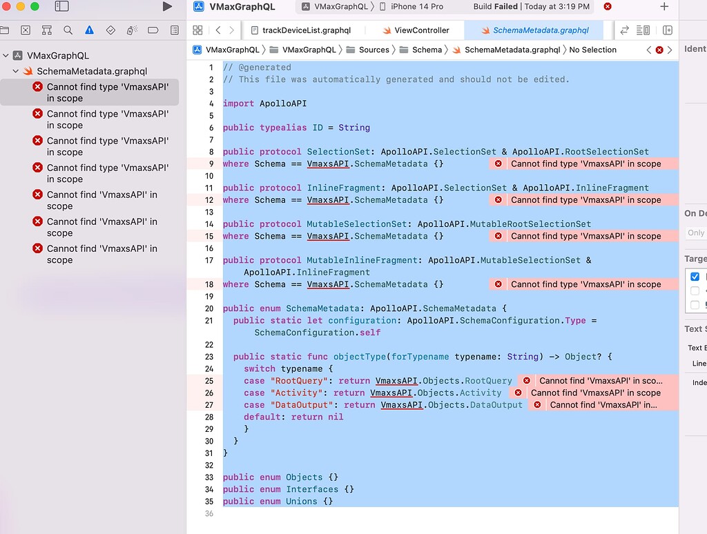 Apollo auto generate code when compile getting more issues Cannot find type 'schemaName' in ...
