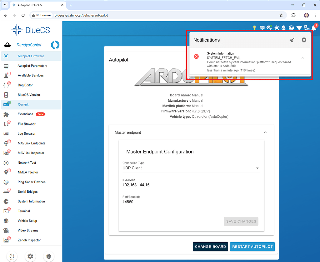 Testing Ethernet Connectivity to the autopilot with BlueOS 1.5.0-beta3 ...