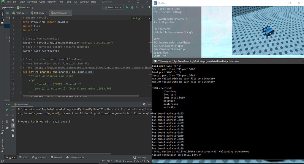 Pymavlink with bluesim simulation - ArduSub - Blue Robotics Community Forums