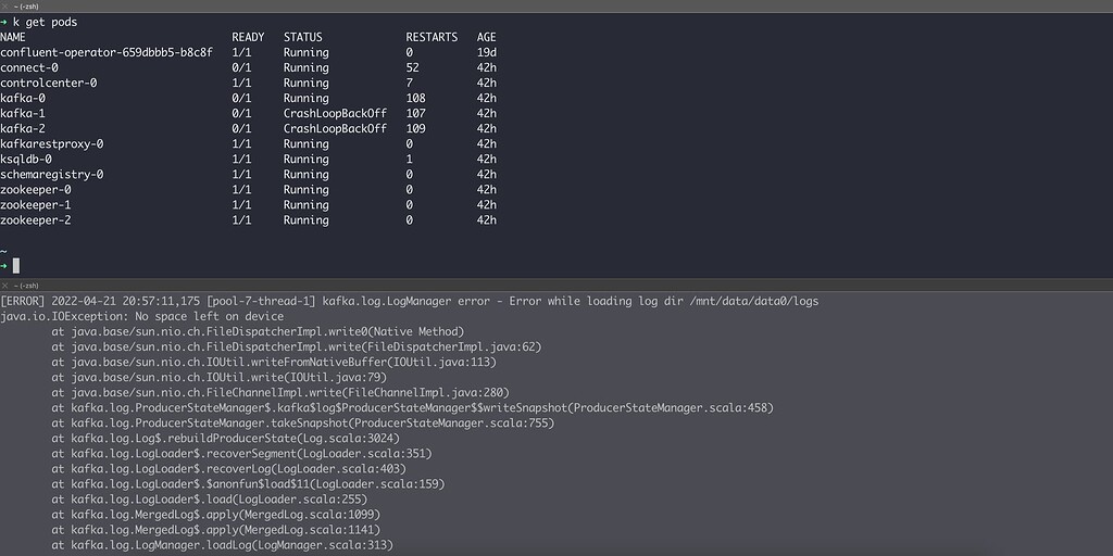 Kafka Broker -java.io.IOException: No space left on device - Containers - Confluent Community