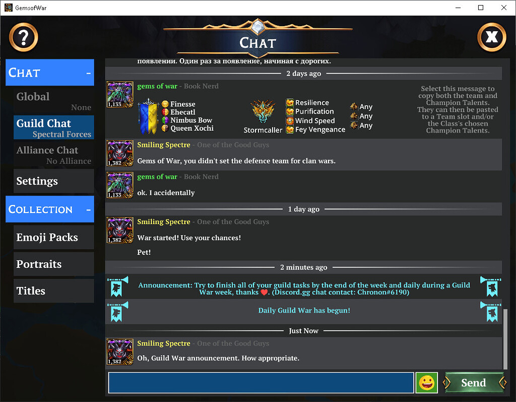 [Reported] Daily Guild War chat announcement - Bug Reports - Gems of War | Forums