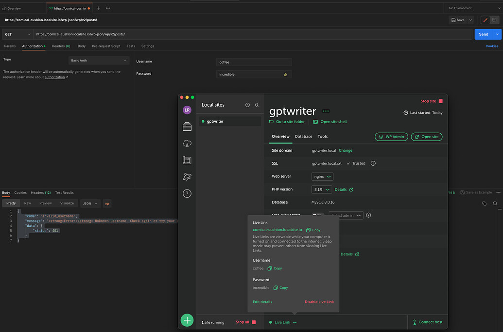Wordpress API error in Postman - Support - Local Community