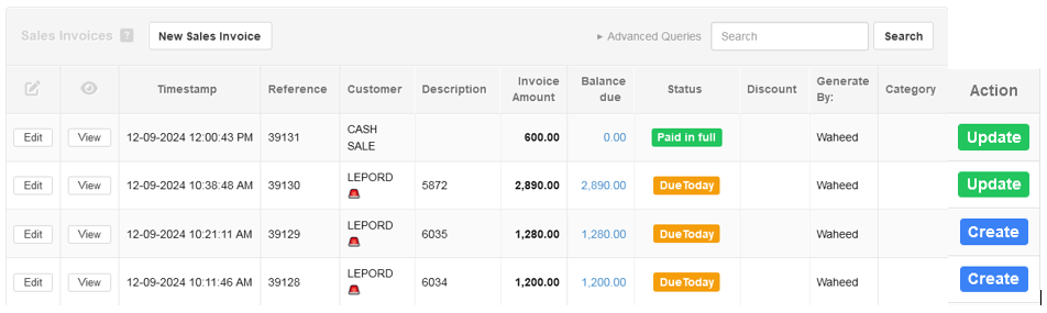 Action Column in Sales Invoice Screen - Manager Forum