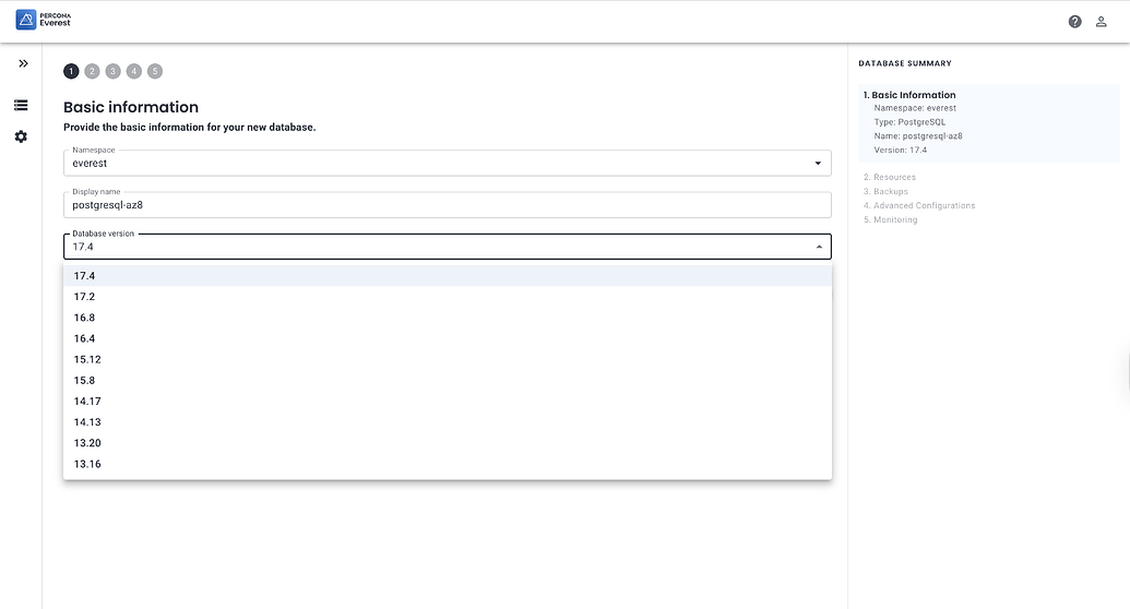 Trying to create a PostGIS database through Percona Everest UI but can't find any PostGIS ...