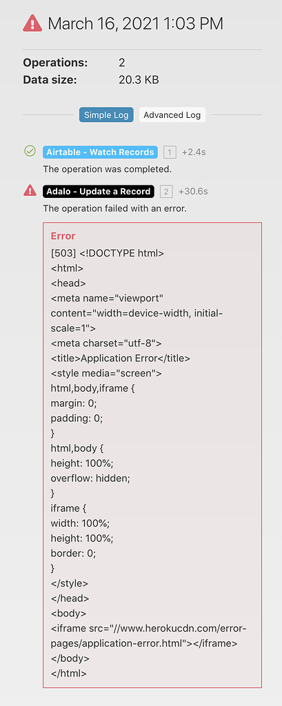 Integromat - 503 & 429 constant errors - Database - Adalo