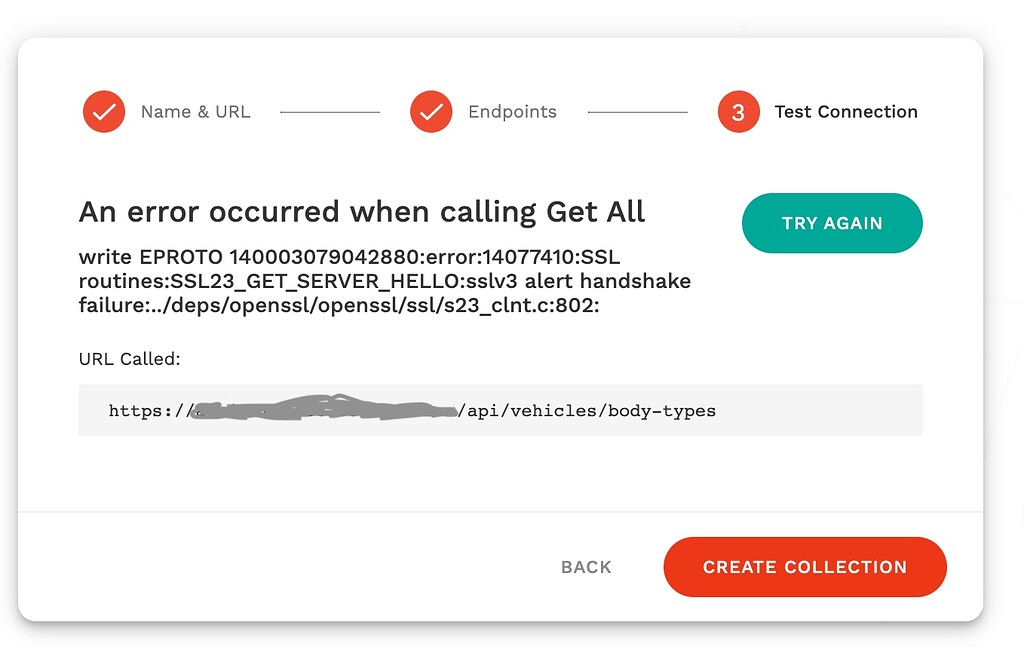 Alert Handshake Error on Creating a New API Collection - Get Help - Adalo