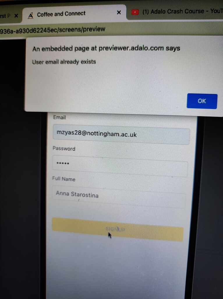 User email already exists (help) - Get Help - Adalo