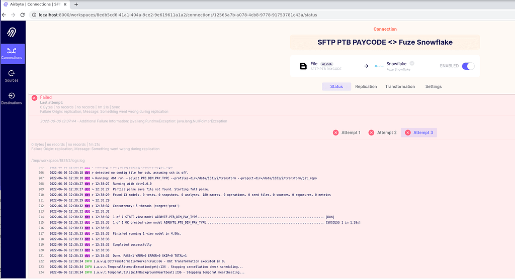 DBT transformation working but Connection failing - Connector Questions & Issues - Airbyte
