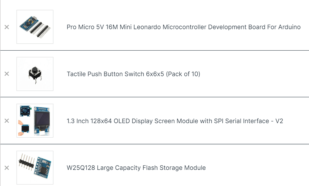 Here are my main parts list for FX clone - Help & Information - Arduboy