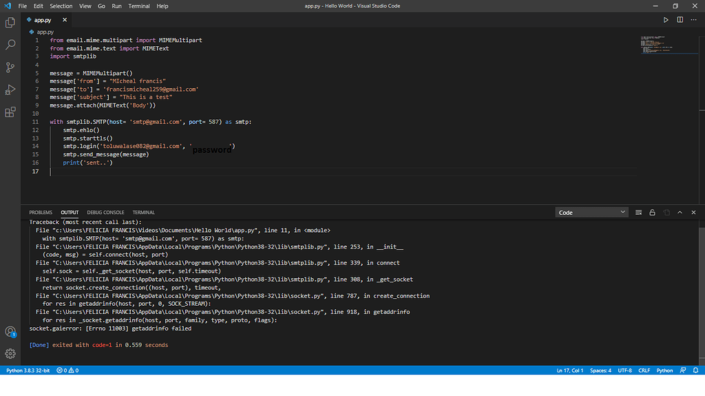 Problem trying to send an email using vs code - Python - Code with Mosh Forum