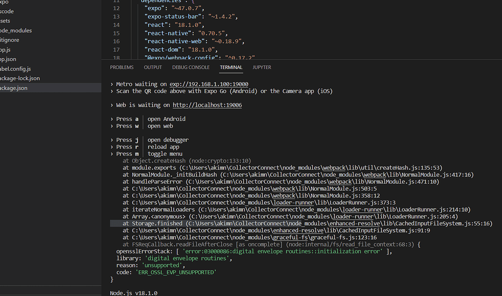 Error: error:0308010C:digital envelope routines::unsupported - React Native - Code with Mosh Forum