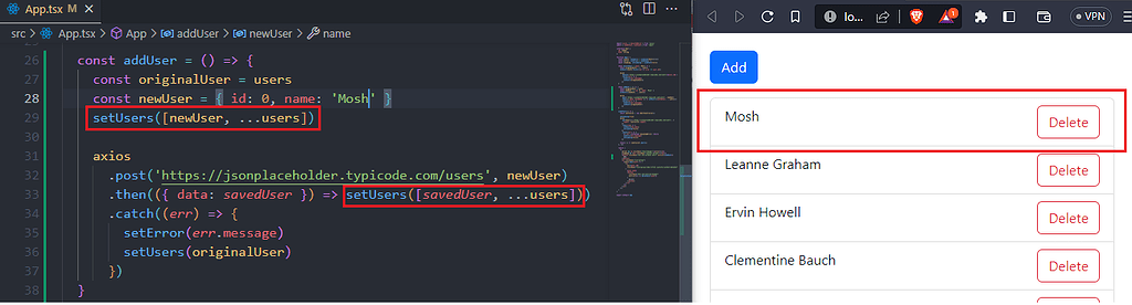 Why "setUsers([savedUser, ...users])" not make "name: Mosh" twice instead of one only? - React ...