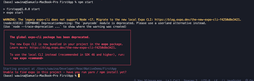 Error Launching App With Npm Start Warning The Legacy Expo Cli Does Not Support Node 17