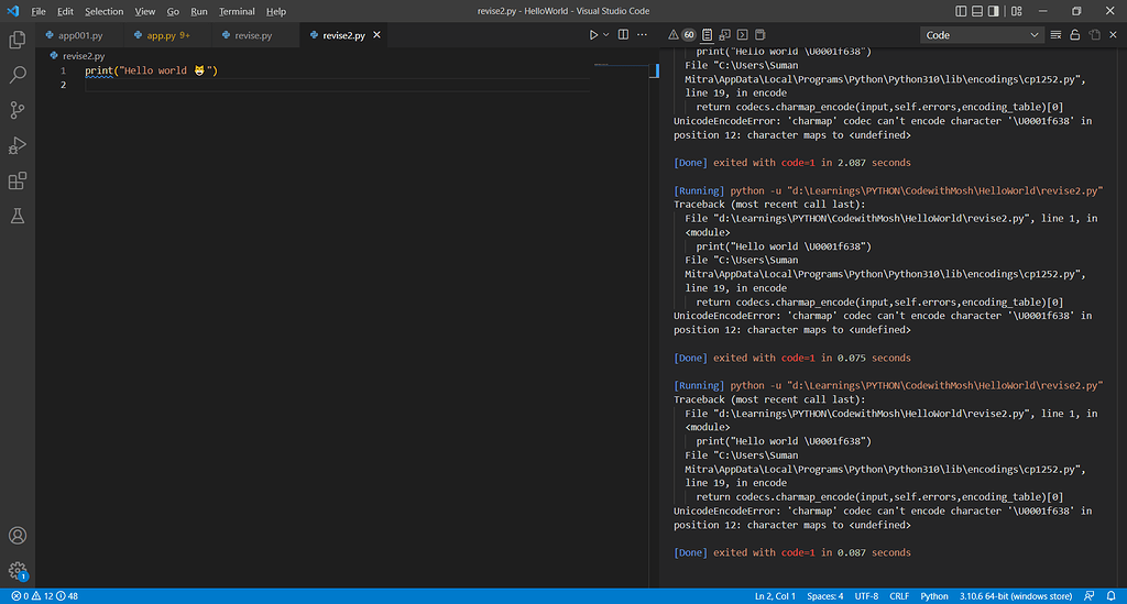 Ctrl + Alt + n opens code runner terminal but shows errors - Python - Code with Mosh Forum