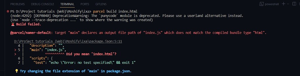 Problem with parcel build index.html lesson 42 Part 3 - HTML/CSS - Code with Mosh Forum