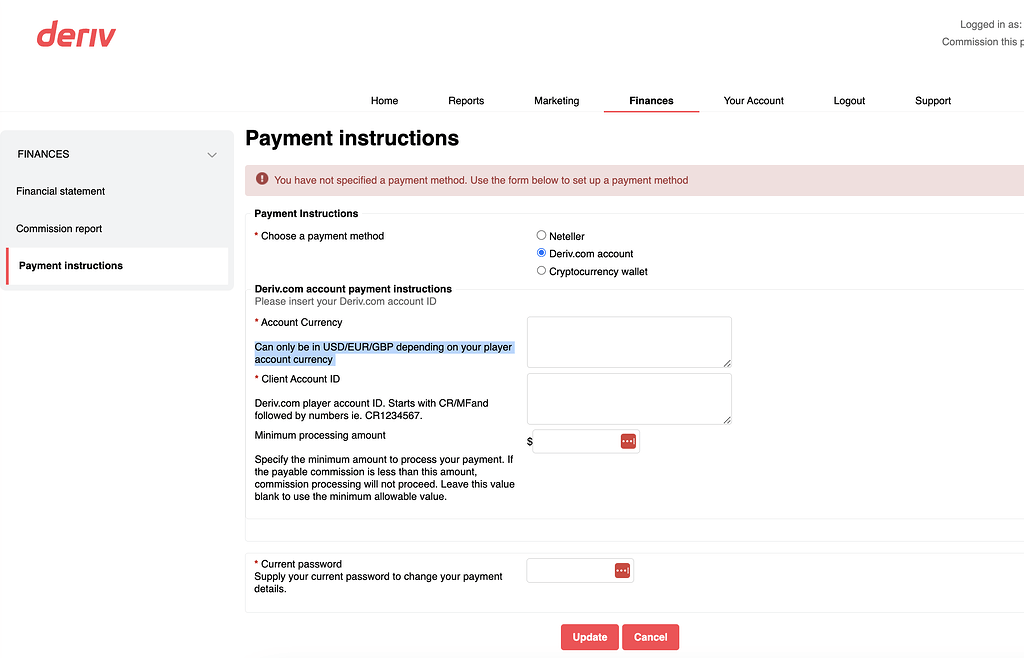 Affiliate & Payment Agent commission: Trading account settings ...