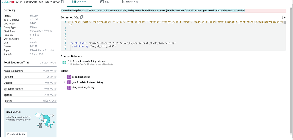 Building Wide Table - One or more nodes lost connectivity during query - Dremio
