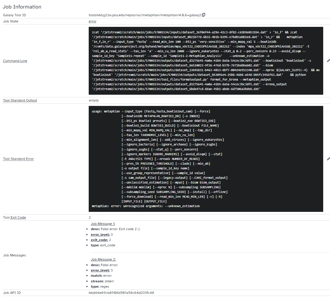 Metaphlan issue with --unknown estimation parameter - tool-dev - Galaxy Community Help