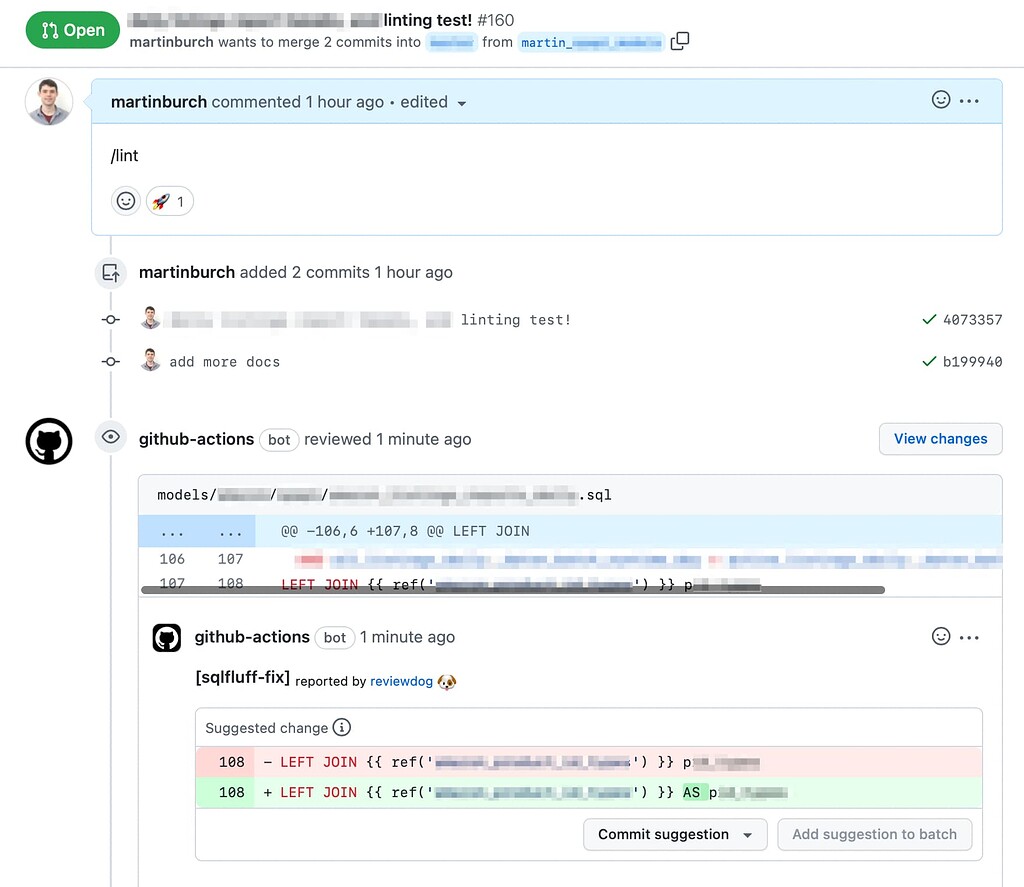 Running SQLFluff fix on PRs as a GitHub Action with inline suggestions - Show and Tell - dbt ...