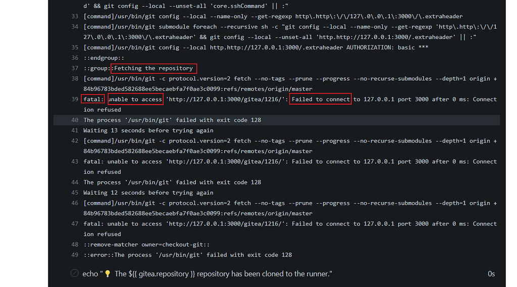 Git 试图从本地地址 `http://127.0.0.1:3000/gitea/1216/` 上的 Gitea 服务器获取代码，但是失败 - 中文求助(Chinese Only) - Gitea