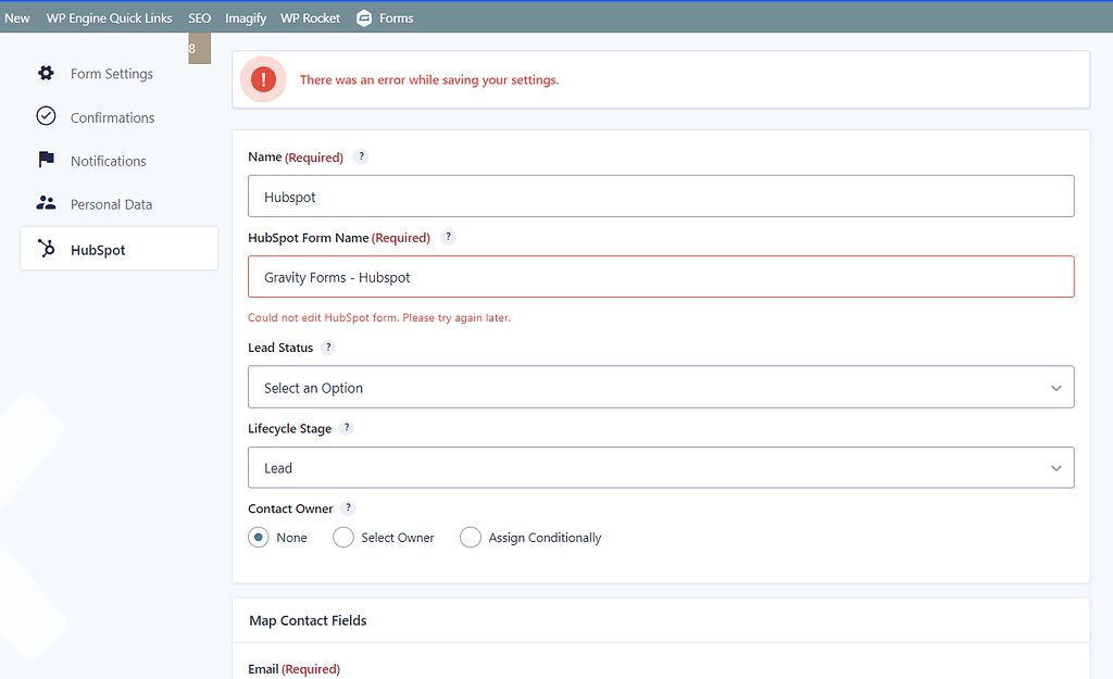 HubSpot settings error [RESOLVED] - Get Help - Gravity Forms