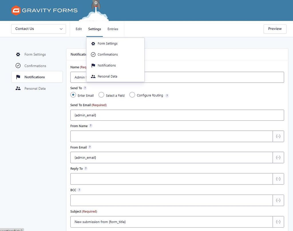 Notification of submissions from Contact Us - Get Help - Gravity Forms